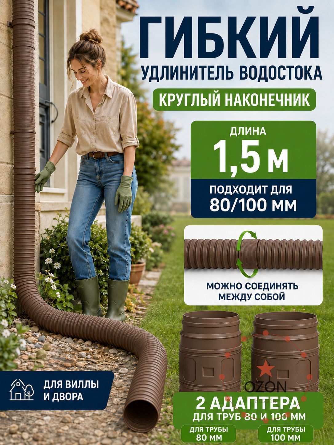 Удлинитель водосточной трубы 50-160 см (на диаметр 80/100 мм), гибкий гофрированный отвод для защиты фундамента, дренаж для дачи
