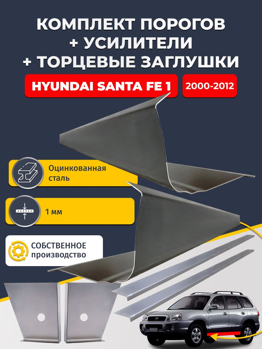 30-11В5 Комплект увеличенных ремонтных порогов + усилители + торцевые заглушки на Hyundai Santa Fe 1 2000-2012 (Хендай Санта Фе), оцинкованная сталь 1 мм.