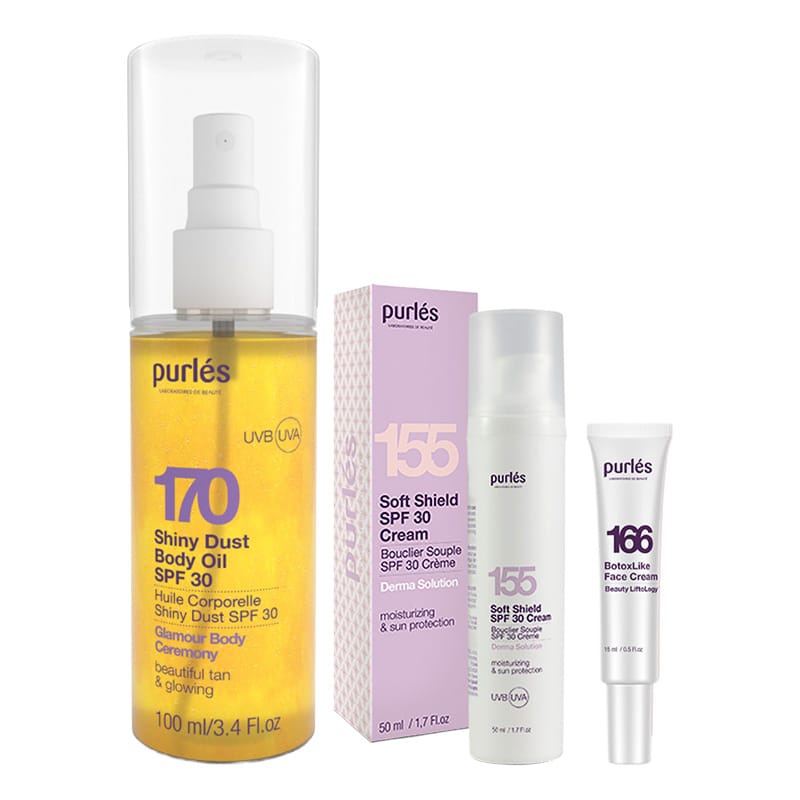 Солнцезащитное средство Purles Protective Sun Kit + BotoxLike Face Cream Travel GRATIS: Сияющее масло SPF 30 100 мл + Крем SPF30 50 мл + Лифтинг-крем для лица 15 мл