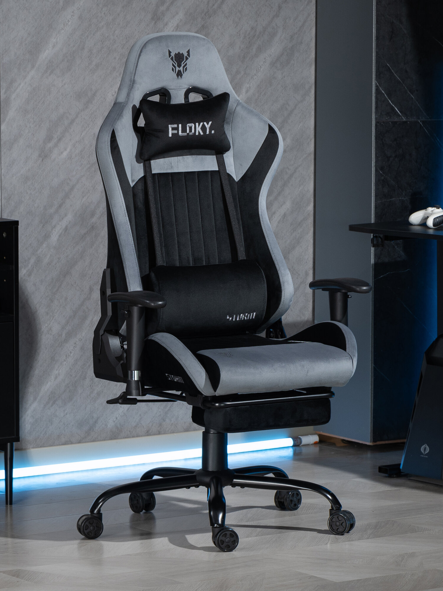 Кресло компьютерное игровое FLOKY STORM Black-Grey V1, тканевое, с подставкой для ног, до 150 кг, наклон 155