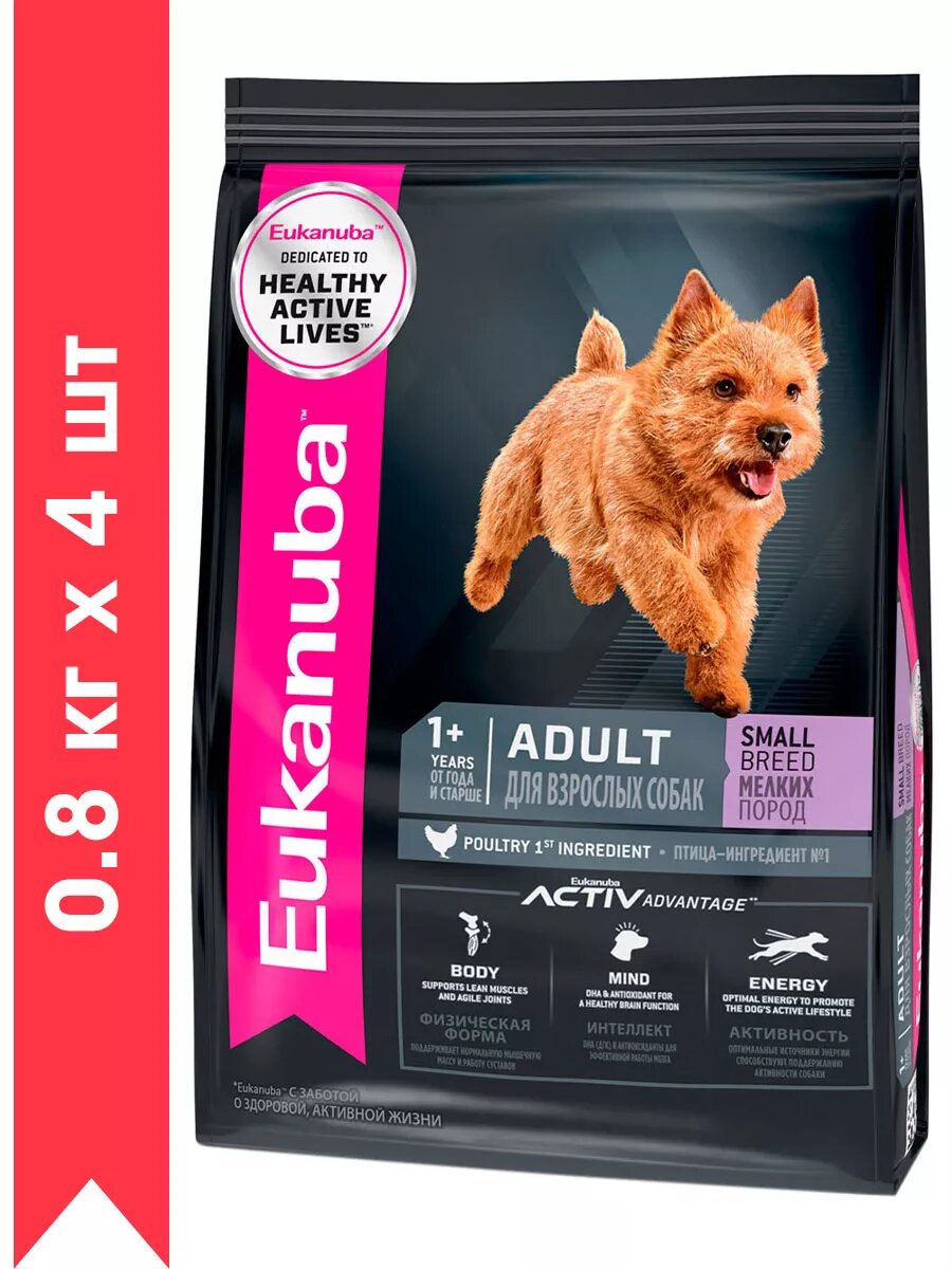 Корм сухой Eukanuba Adult Small Breed для взрослых собак мелких пород, птица, 800 г 4 шт