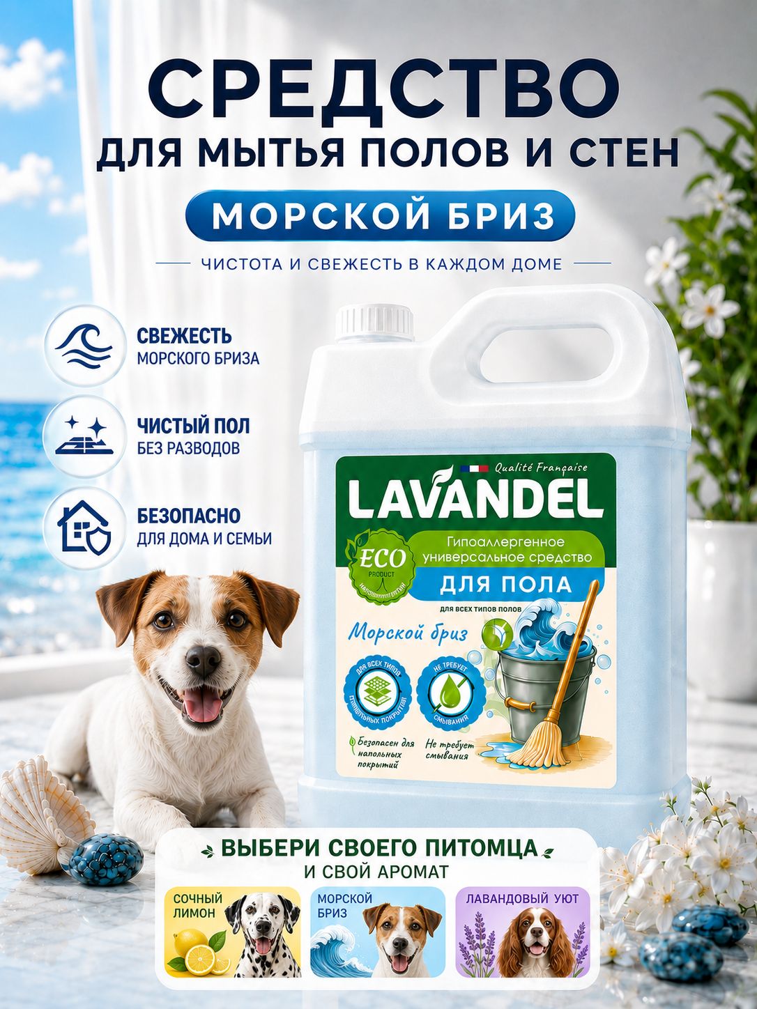 Средство для мытья пола и стен с ароматом морской свежести, 5л, Lavandel