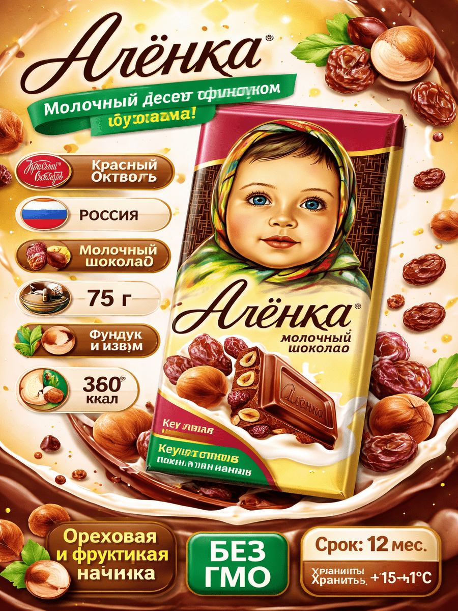 Шоколад Аленка молочный с фундуком и изюмом, 75г
