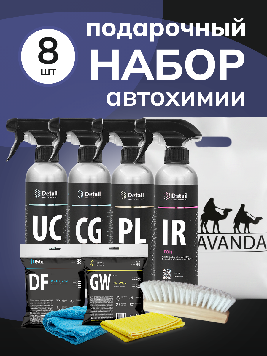 Подарок для автолюбителя — набор автохимии для детейлинга, комплект для ухода за автомобилем, 8 предметов