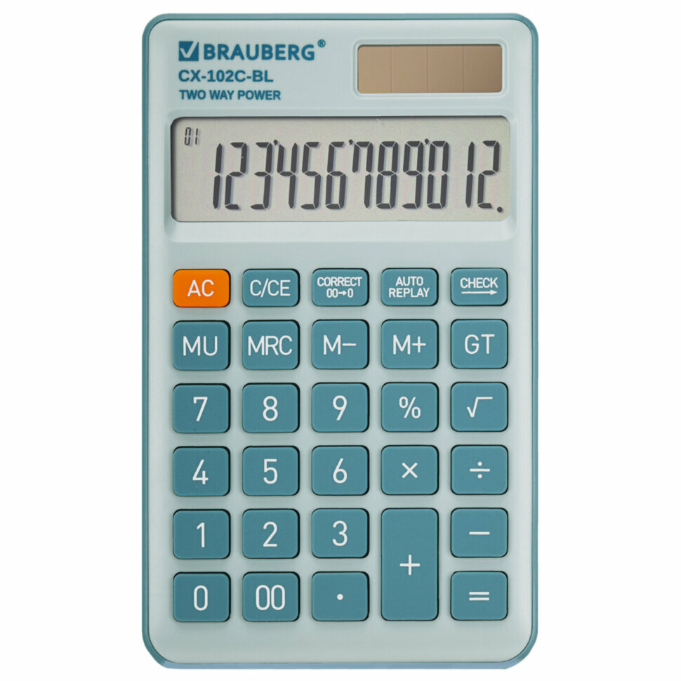 Калькулятор карманный BRAUBERG CX-102C-BL (76x126 мм), 12 разрядов, двойное питание, голубой, 272649, 272649