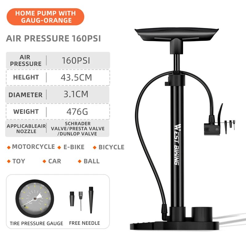Велосипедный насос West Biking 160PSI, Black