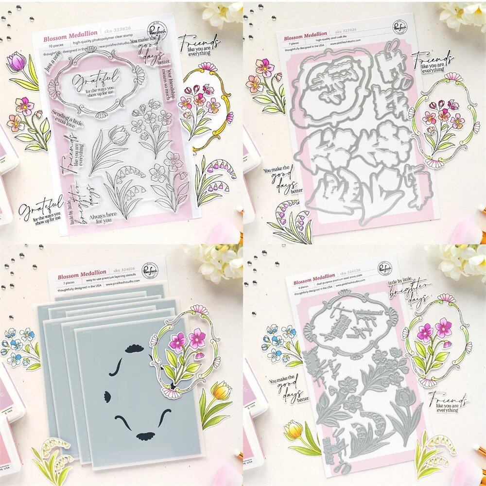 Pinkfresh Blossom Medallion, набор штампов M8697 A Set-4