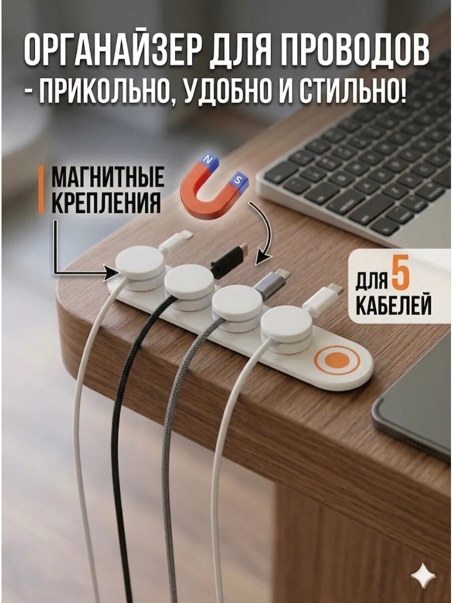 Органайзер Держатель для 5 проводов магнитный для кабеля на стол стену
