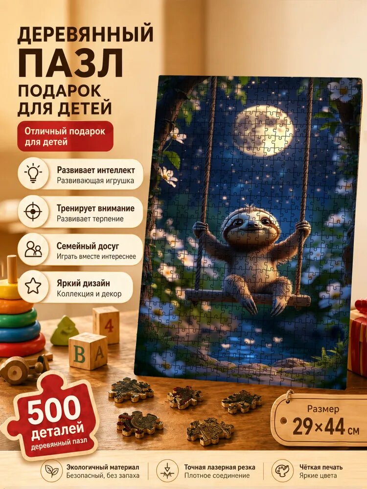 Целебный пейзажный коллаж с ленивцем на качелях в лунную ночь