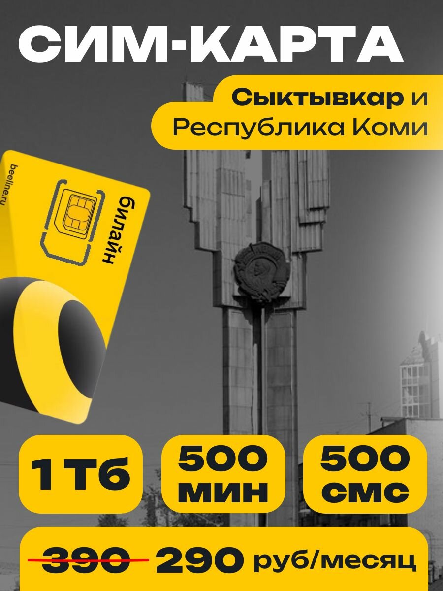 Сим-карта Билайн тариф Эксклюзивный Республика Коми 1024 Гб + 500 минут за 290 руб.