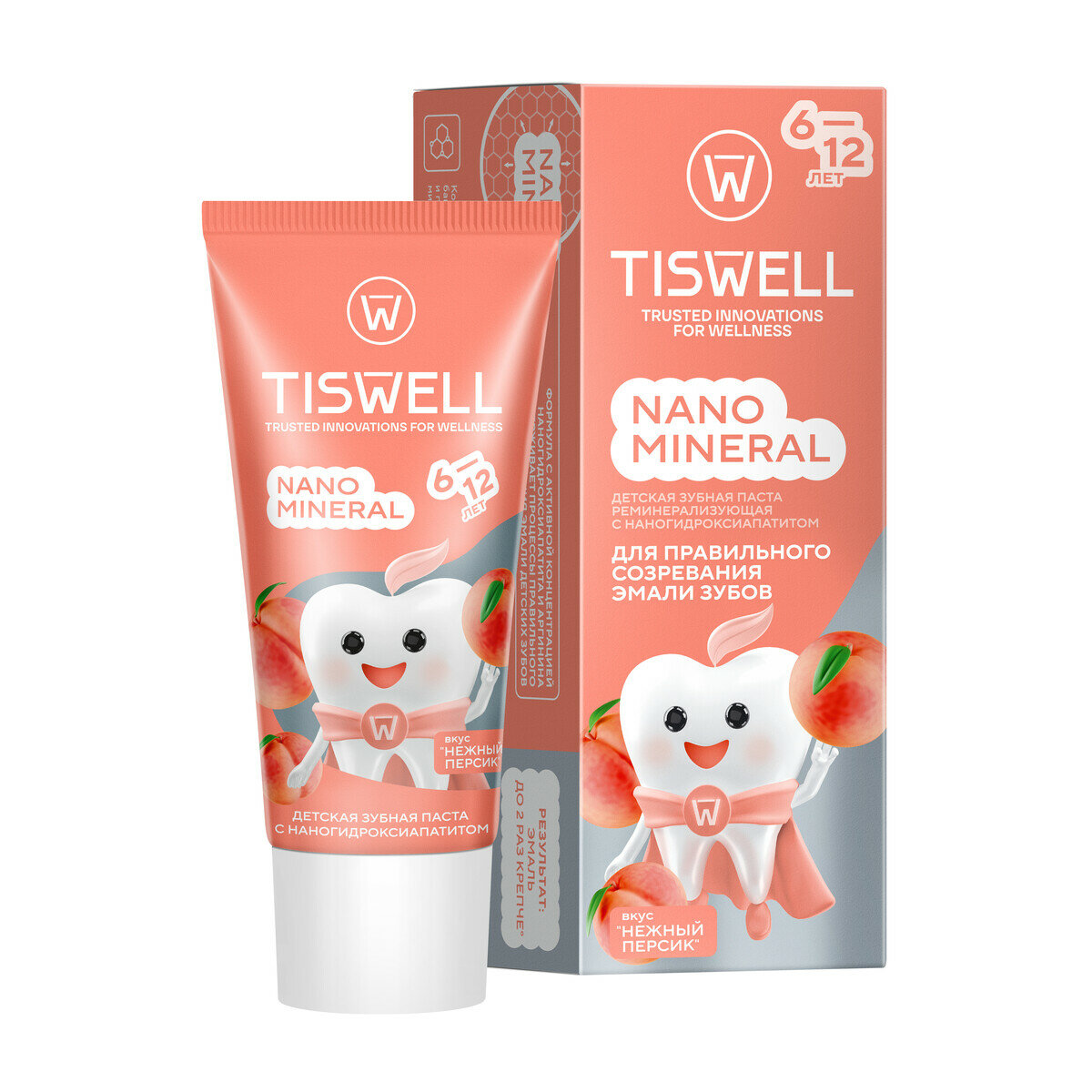 TISWELL зубная паста детская с фтором 6-12 лет (нежный персик) 60 г