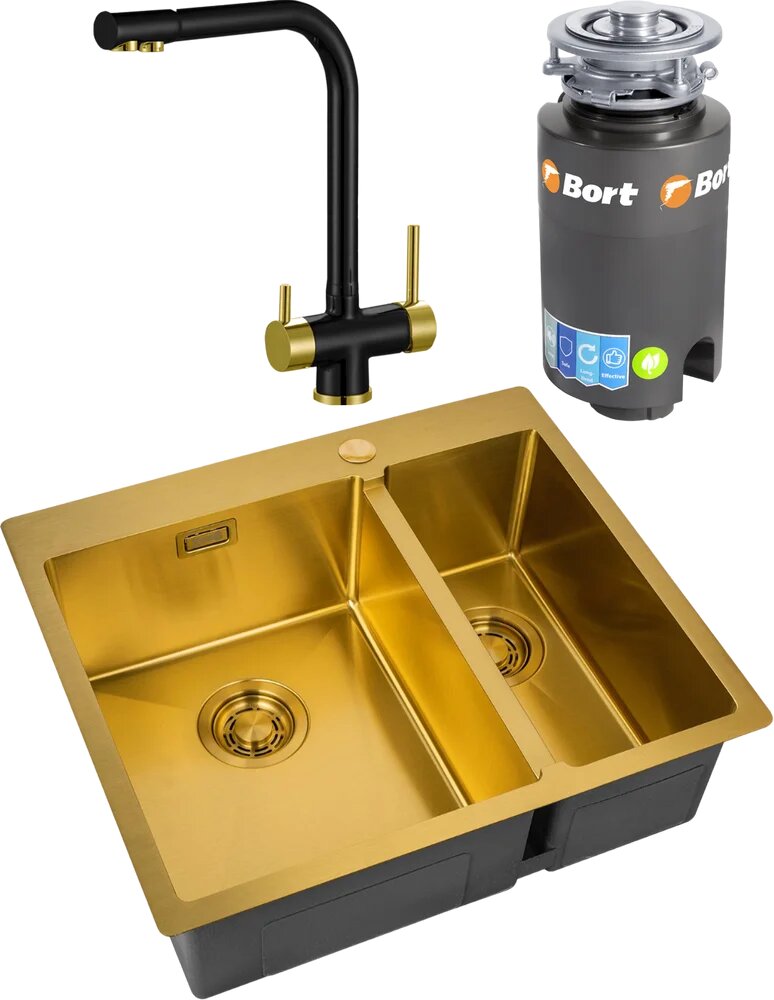 Комплект Мойка Zorg Light ZL R 590-2-510-L BRONZE 59x51, bronze, нержавеющая сталь / Смеситель Sanitary ZR 348 YF BLACK BRONZE черный, бронза / Измельчитель Bort Titan 4000 электрический, нержавеющая