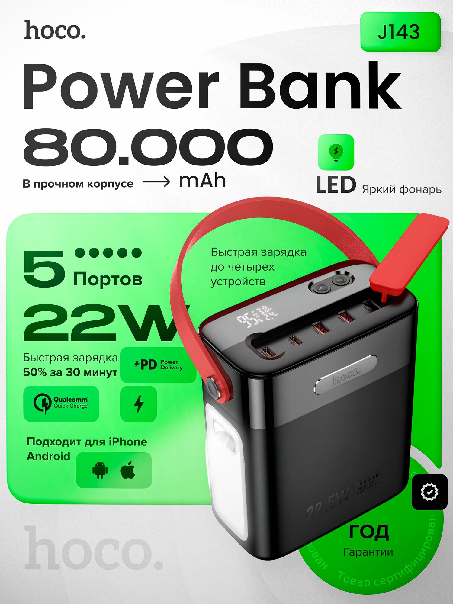 Повербанк 80000mah Hoco J143 22.5W, внешний аккумулятор power bank с быстрой зарядкой, пауэрбанк для телефона