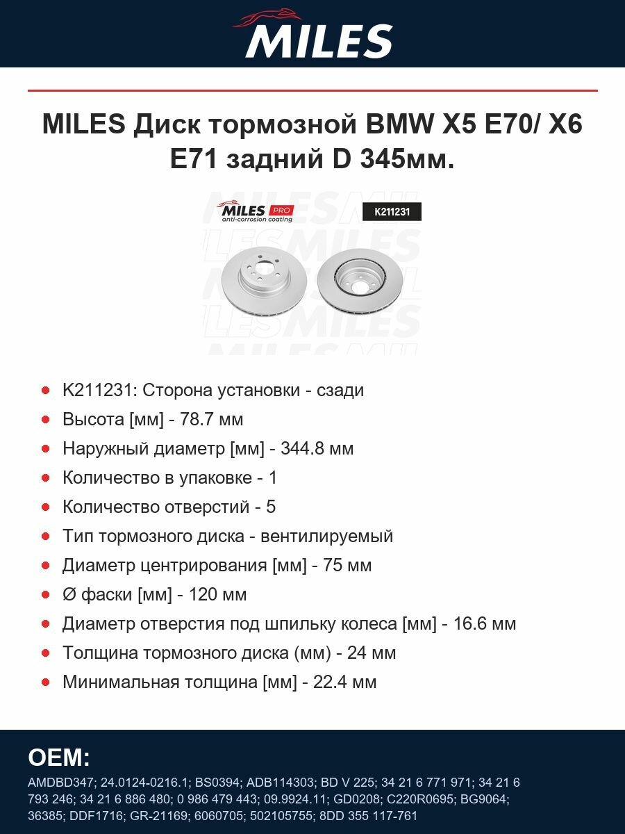 MILES Диск тормозной BMW X5 E70/ X6 E71 задний D 345мм.