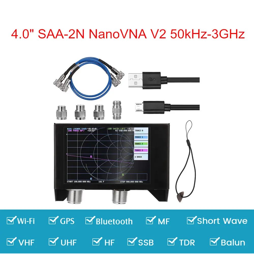 Параметры параметров 3G NanoVNA V2, анализатор антенны для коротких волн HF VHF UHF с 2,4-дюймовым TFT LCD сенсорным дисплеем, комплект векторного анализатора сети