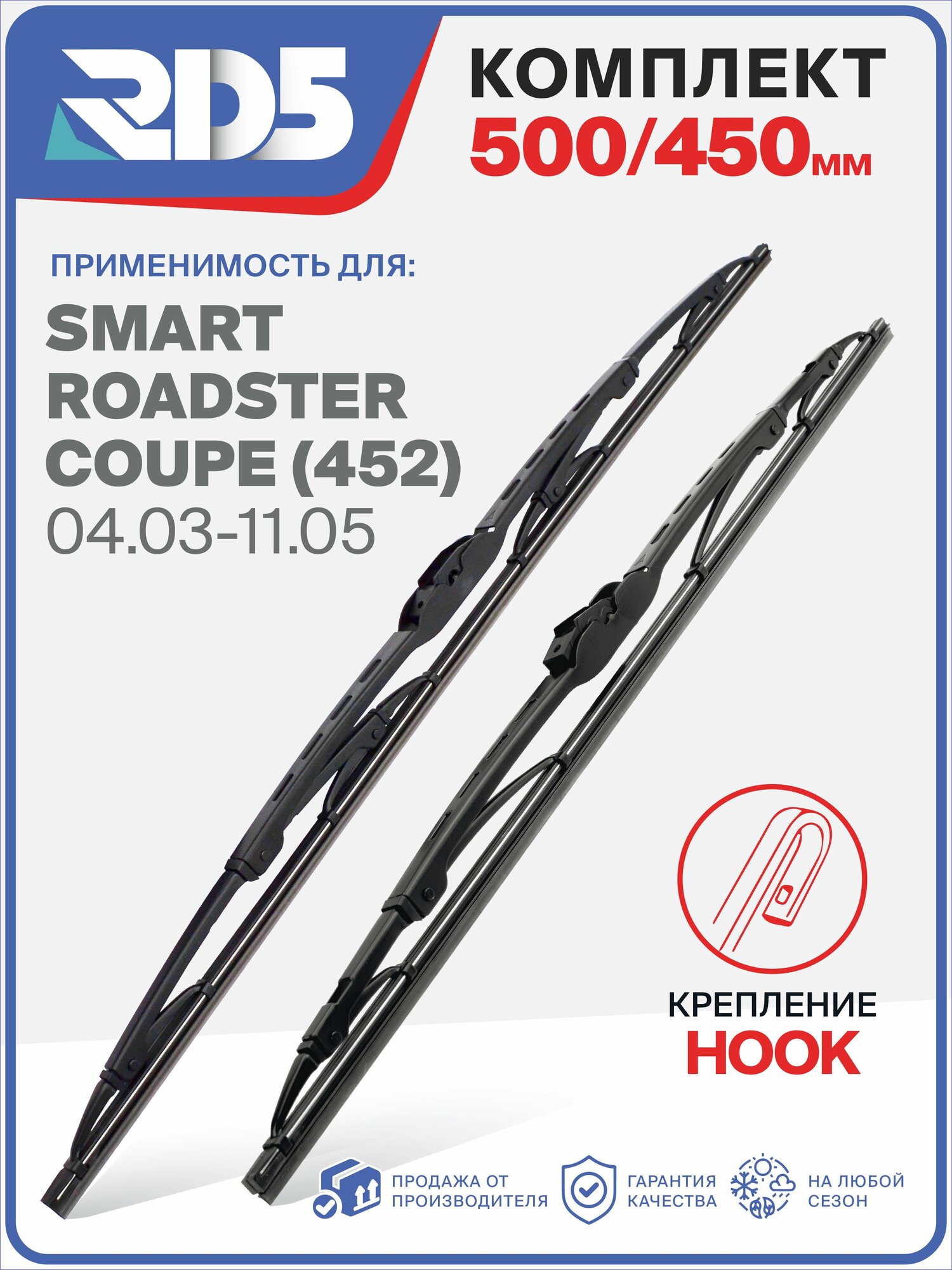 3T500450-k33. Дворники Smart Roadster Coupe (452) 04.03-11.05. Комплект каркасных щеток стеклоочистителя Смарт Родстер Купе