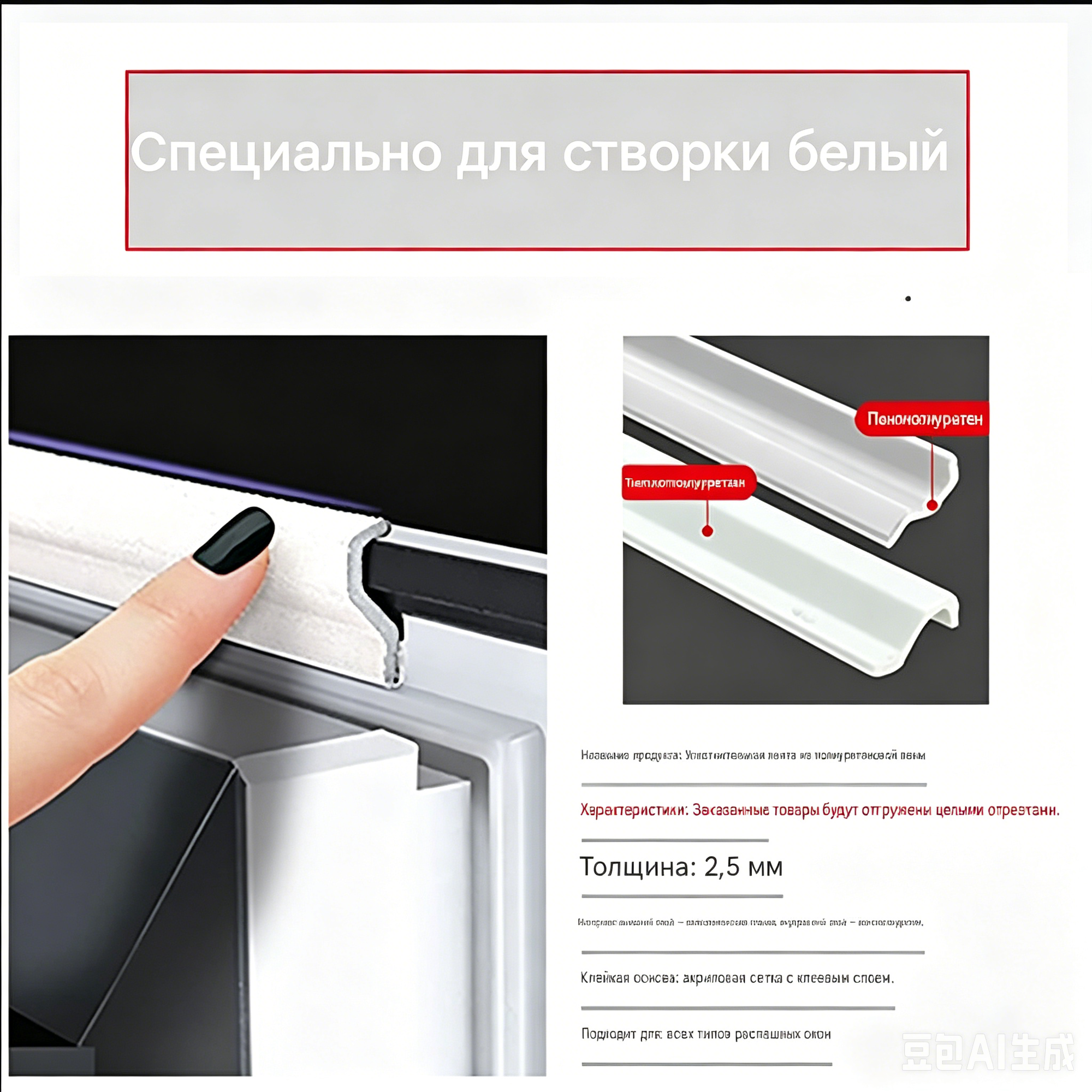 Оконный уплотнитель, самоклеящийся, 5м, ширина 2,2см, чёрный, Белый