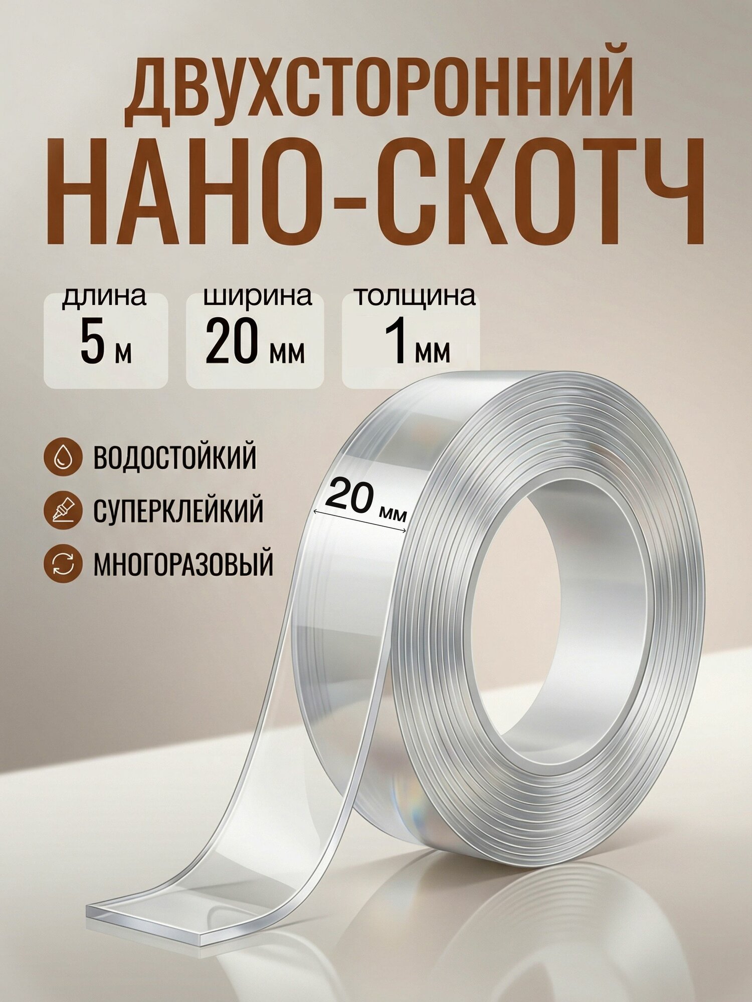 20*5*1 Скотч двухсторонний; Нано скотч двусторонний 5м; Клейкая нано лента 20мм 5м 1мм двусторонняя клейкая лента нано скотч