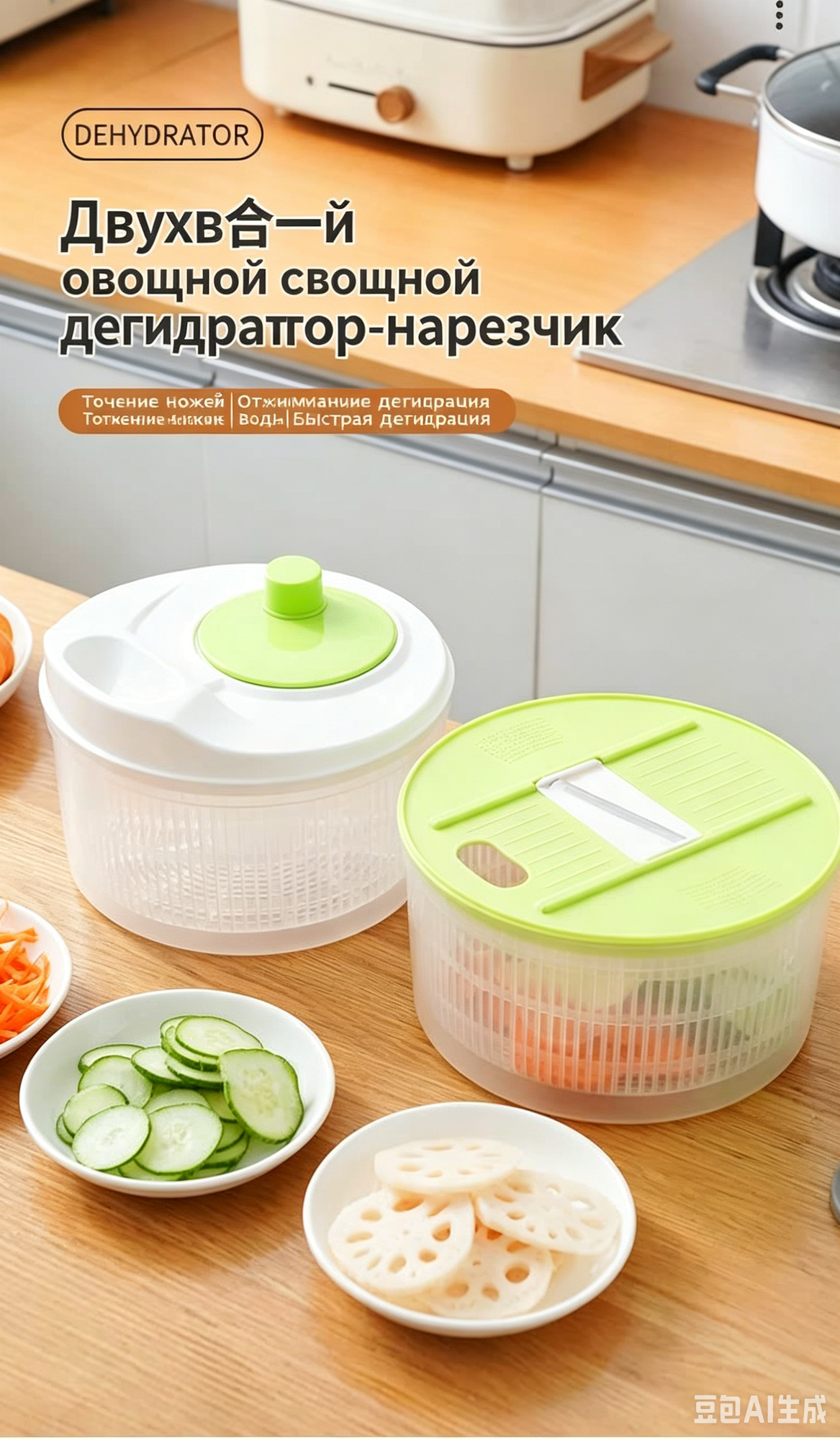 Двухфункциональная сушилка для салата с теркой для овощей, 2 сменные лезвия, большой слив для воды