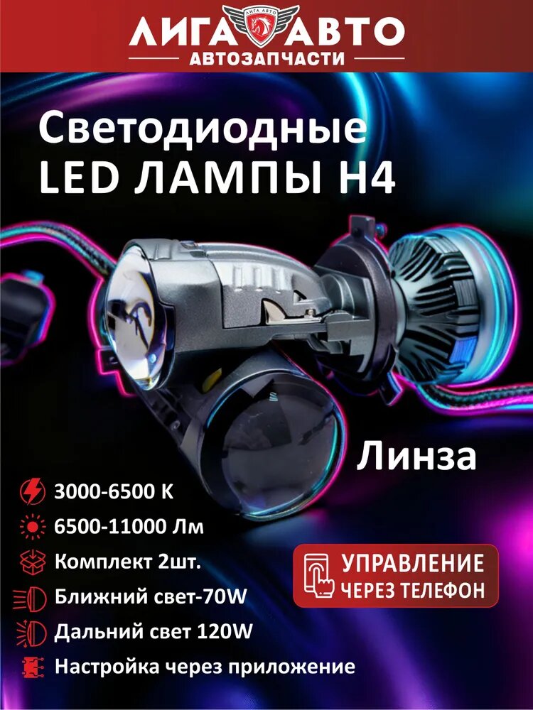 Светодиодные LED лампы H4 / Линза / Ближний 70W, Дальний 120W / Управление с приложения / 3000-6500K / 12000LM / 12В.