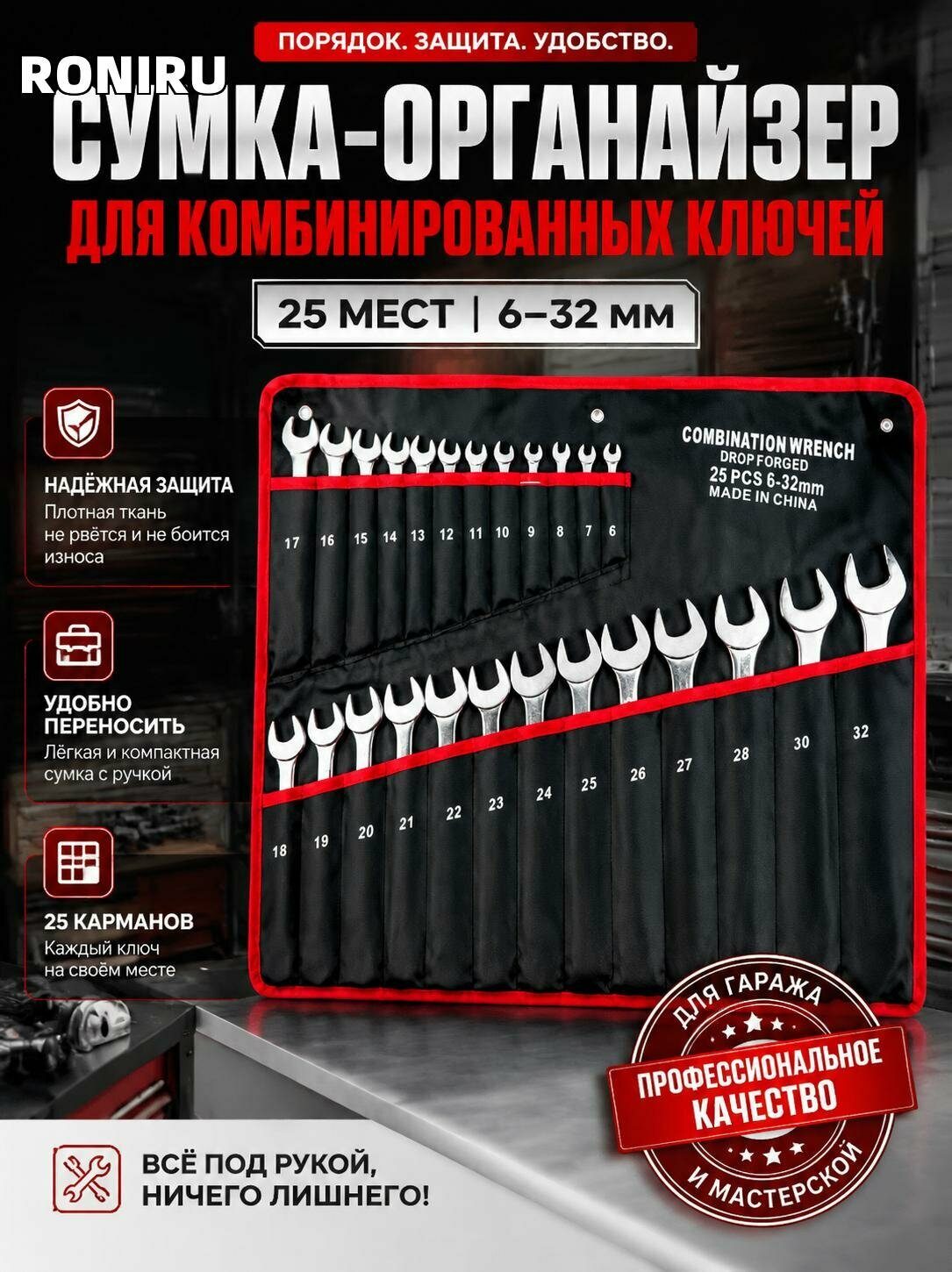 Сумка-органайзер для комбинированных ключей 25 мест 6-32 мм — переносная крепёжная сумка для гаража и мастерской