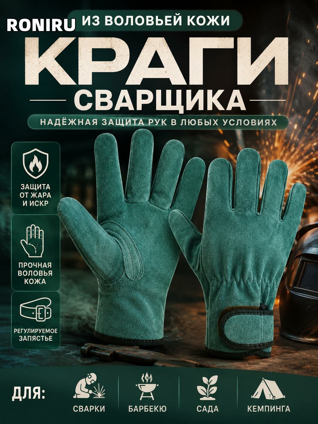 Краги сварщика из воловьей кожи — перчатки для сварки, барбекю, сада и кемпинга, регулируемое запястье, зелёные