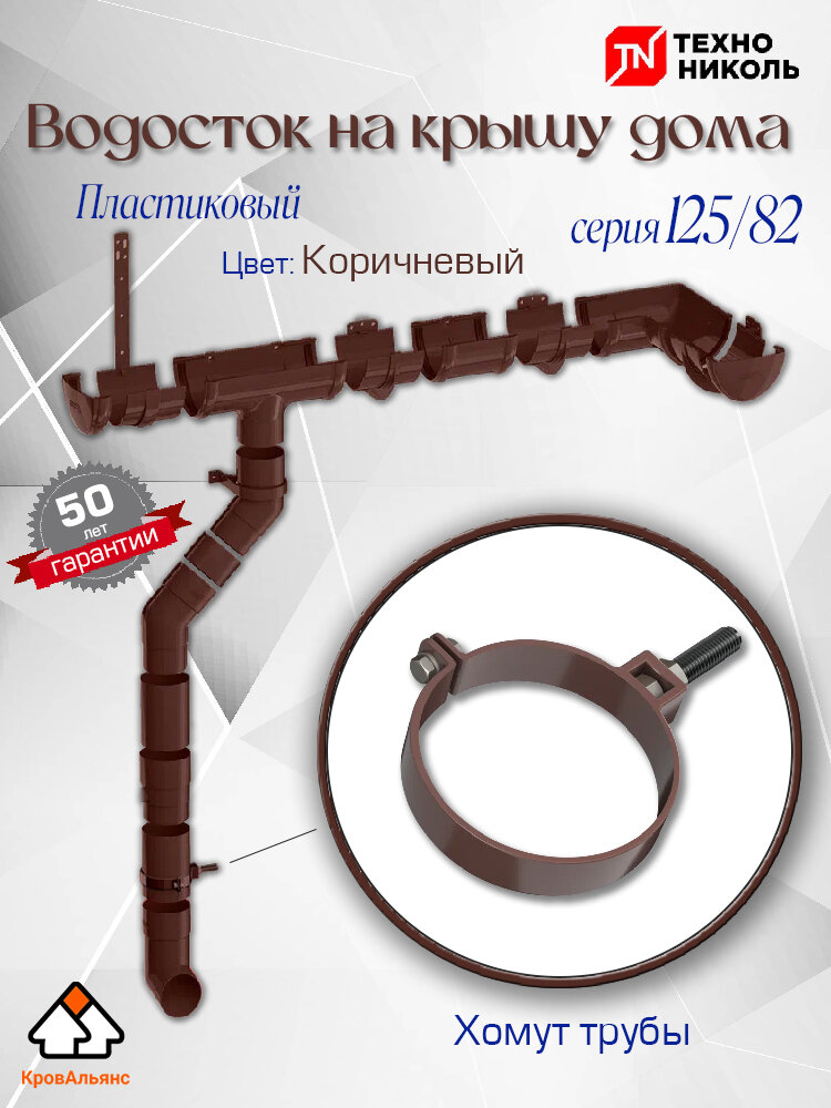 Водосток для крыши дома Технониколь: Хомут универсальный для крепления трубы к стене, серия 125/82 мм, цвет Коричневый, 2 шт.