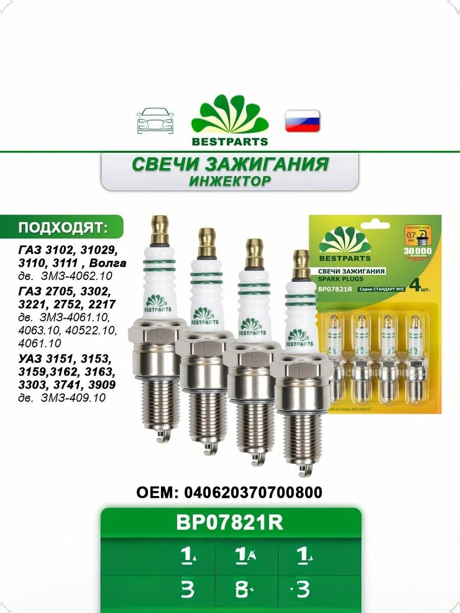 Свечи зажигания (инжектор) ГАЗ 3102 31029 3110 3111 Волга 2705 Газель 3302 3221 2752 2217 Соболь, УАЗ 3151 3153 3159 3162 3163 Патриот 3303 3741 3909, 21 ключ, комплект 4 шт, BP07821R, 40965