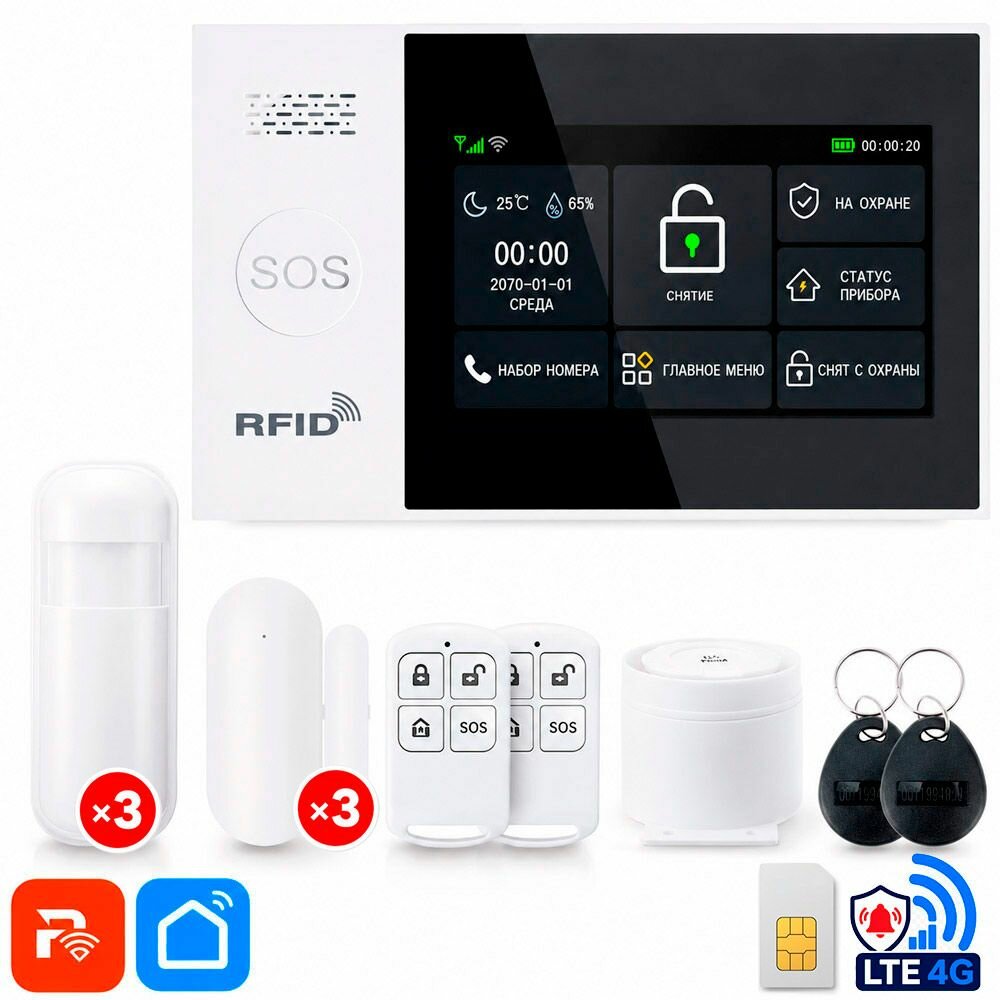Комплект охранной GSM/WIFI сигнализации Ps-Link KIT-WG107-4G-T6-SIM сенсорный экран, сирена, датчики движения, открытия