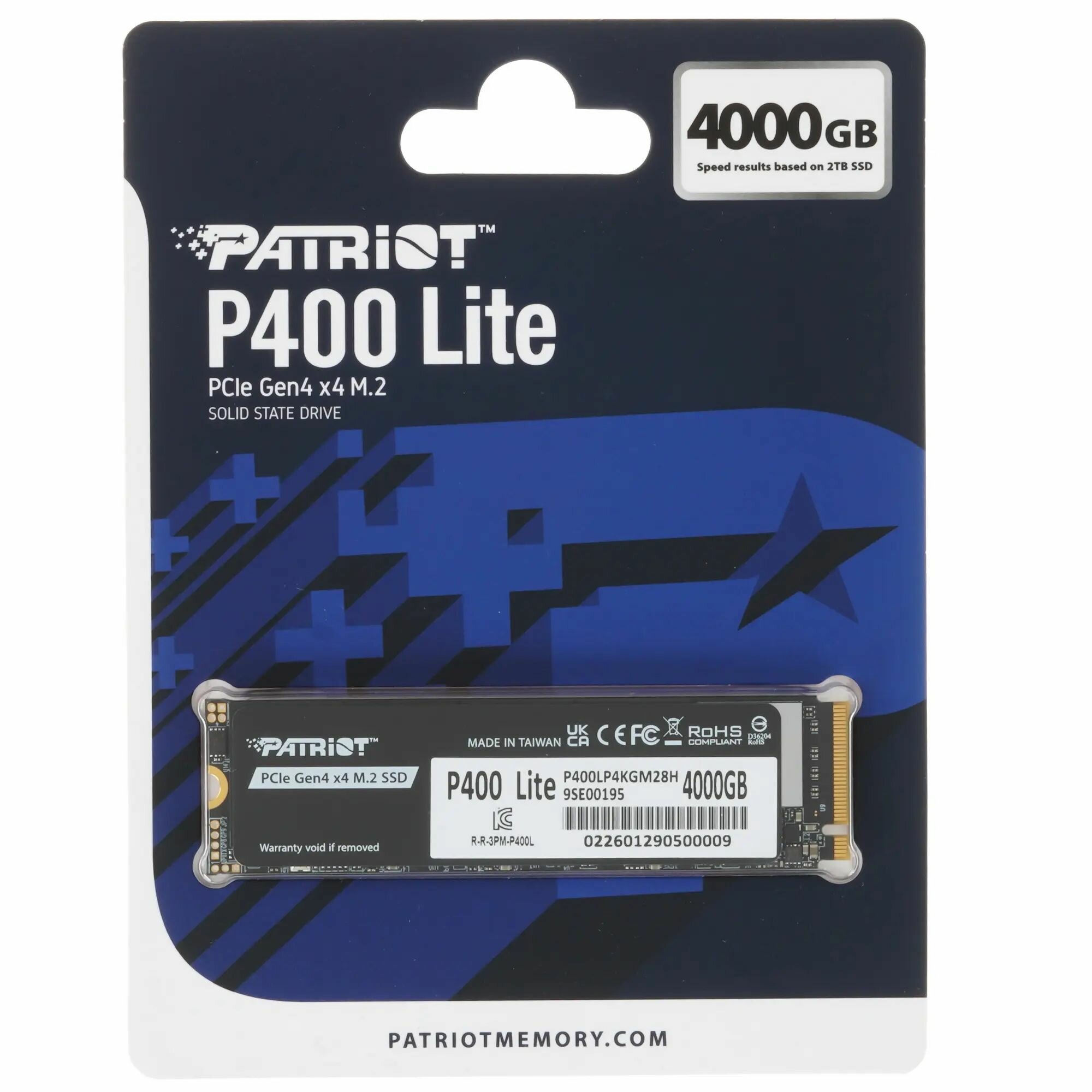 4 ТБ M.2 NVMe накопитель Patriot P400 Lite (P400LP4KGM28H) - PCI-E 4.0, чтение - 3500 МБ/с, запись - 2700 МБ/c, TBW - 1800