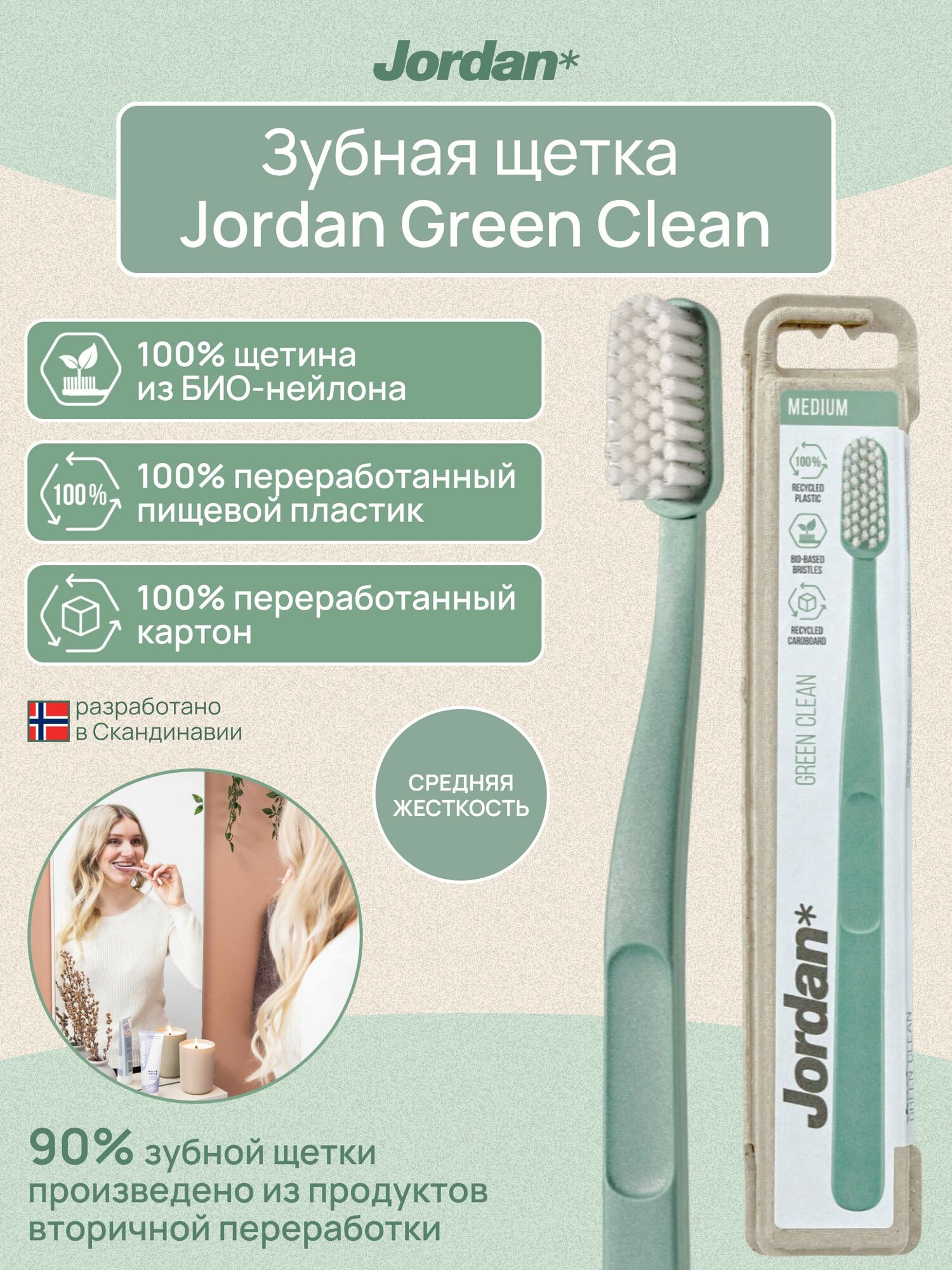 Зубная щетка Jordan GREEN CLEAN Medium, средняя жёсткость