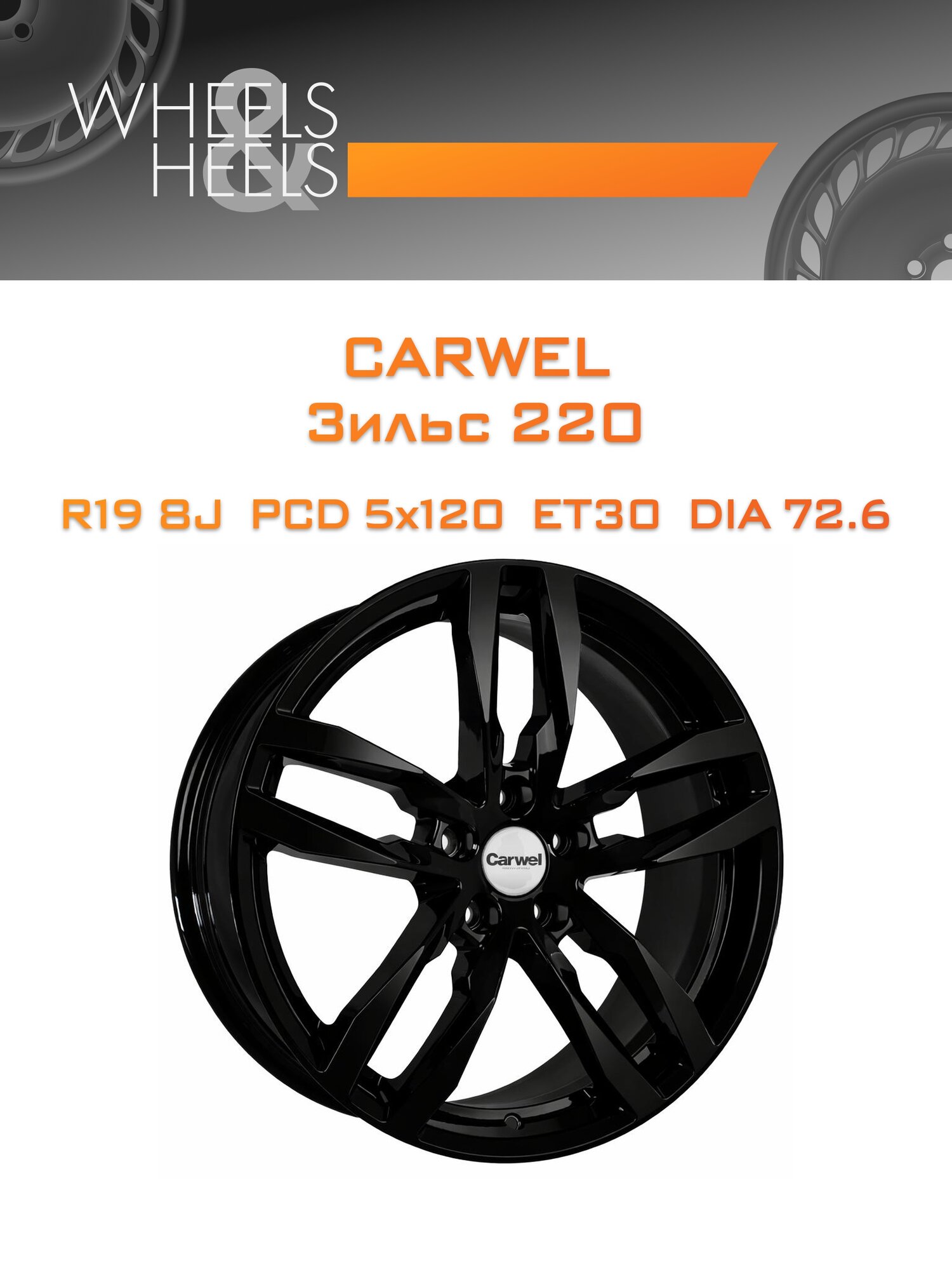 Диск автомобильный литой Carwel Зильс 220 19x8 5x120 et30 dia72.6 Чёрный глянцевый