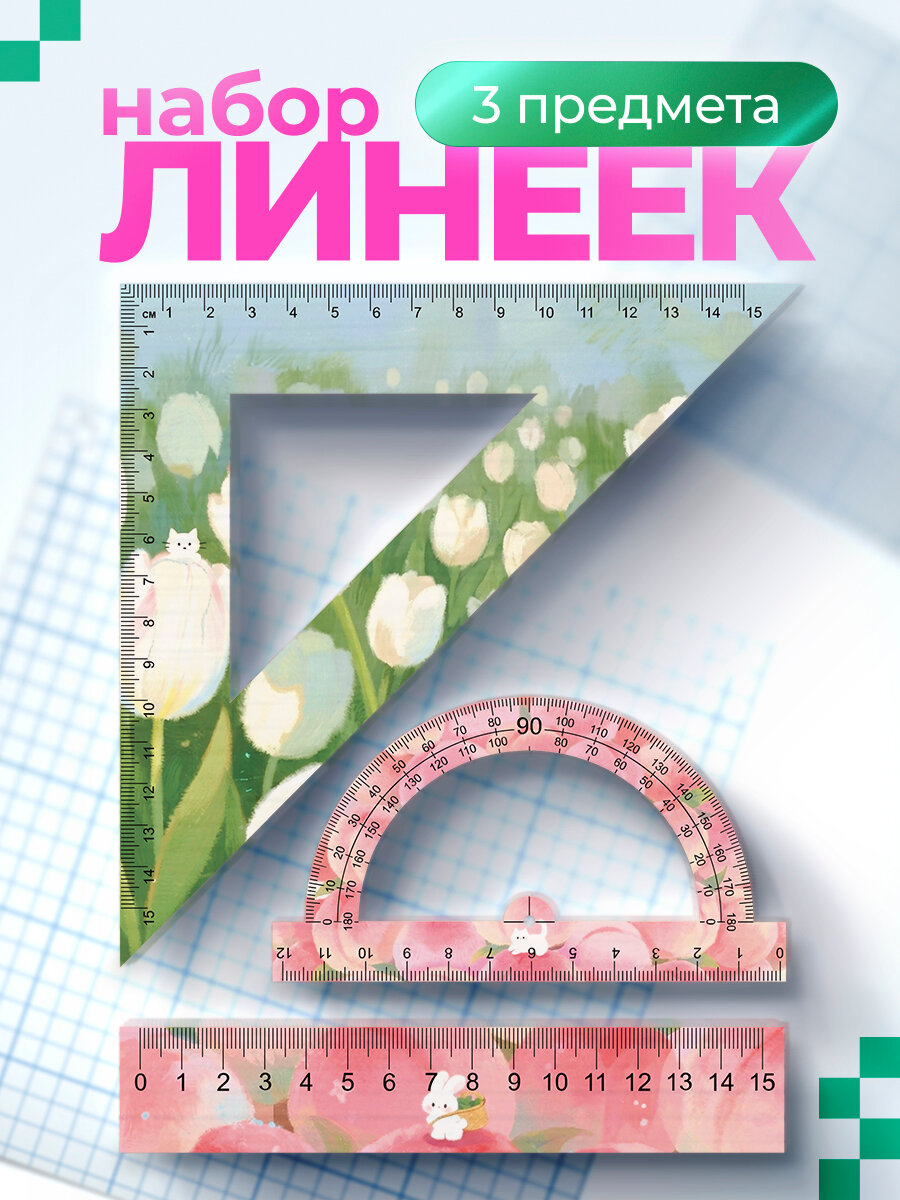 Канцелярия для школы набор линеек - 3 шт ZEKEKS Цветы, экологичный