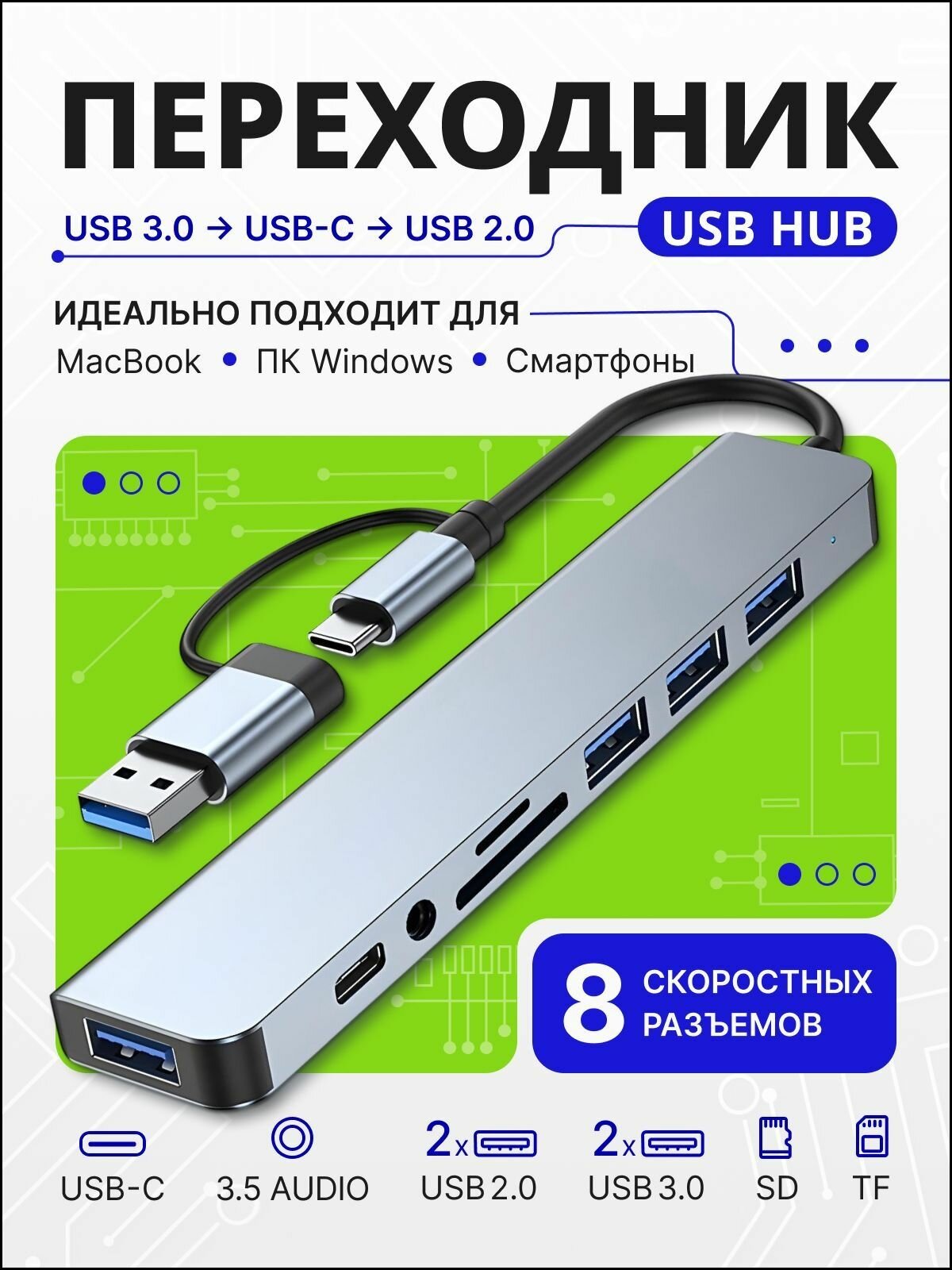 USB-C хаб Многофункциональный адаптер Порты USB и HDMI Для ноутбуков и смартфонов