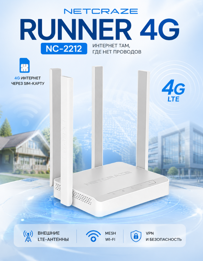Роутер Netcraze Runner NC-2212 4G, Wi-Fi, 4 антенны, поддержка Mesh Wi-Fi