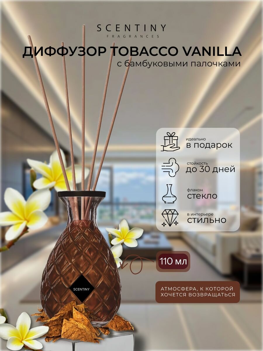 Диффузор для дома с палочками табак ваниль, 110 мл (SCENTINY FRAGRANCES TOBACCO VANILLA) Турция