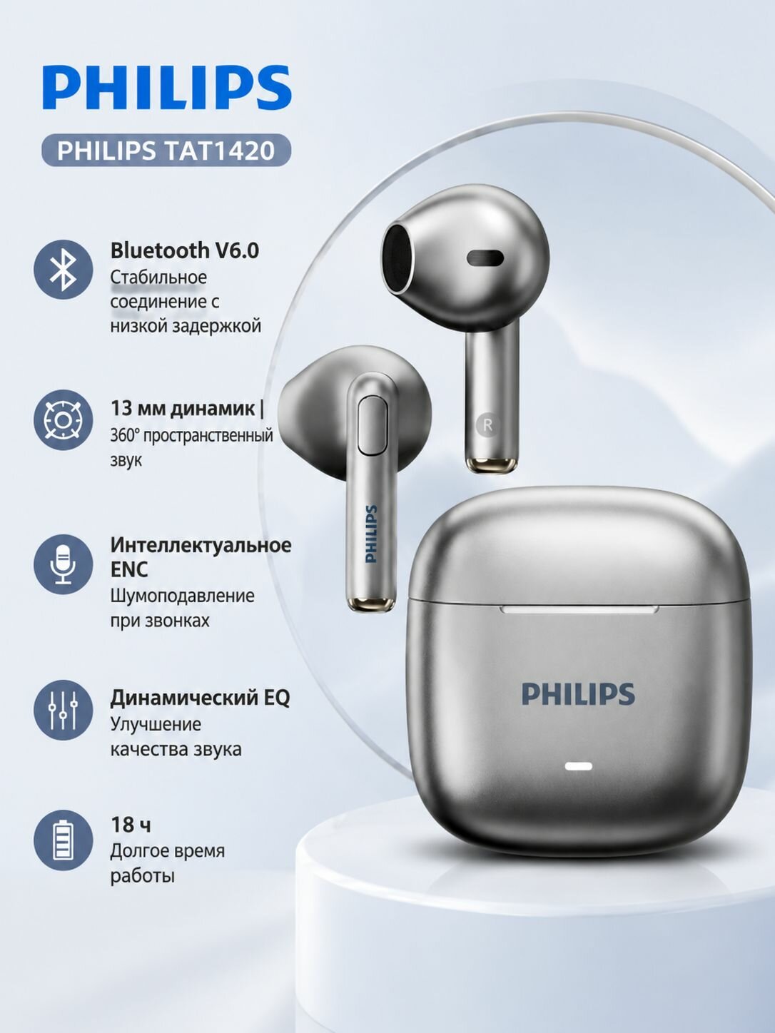 Philips Наушники беспроводные TWS TAT1420 полуоткрытые Bluetooth ENC комфортные