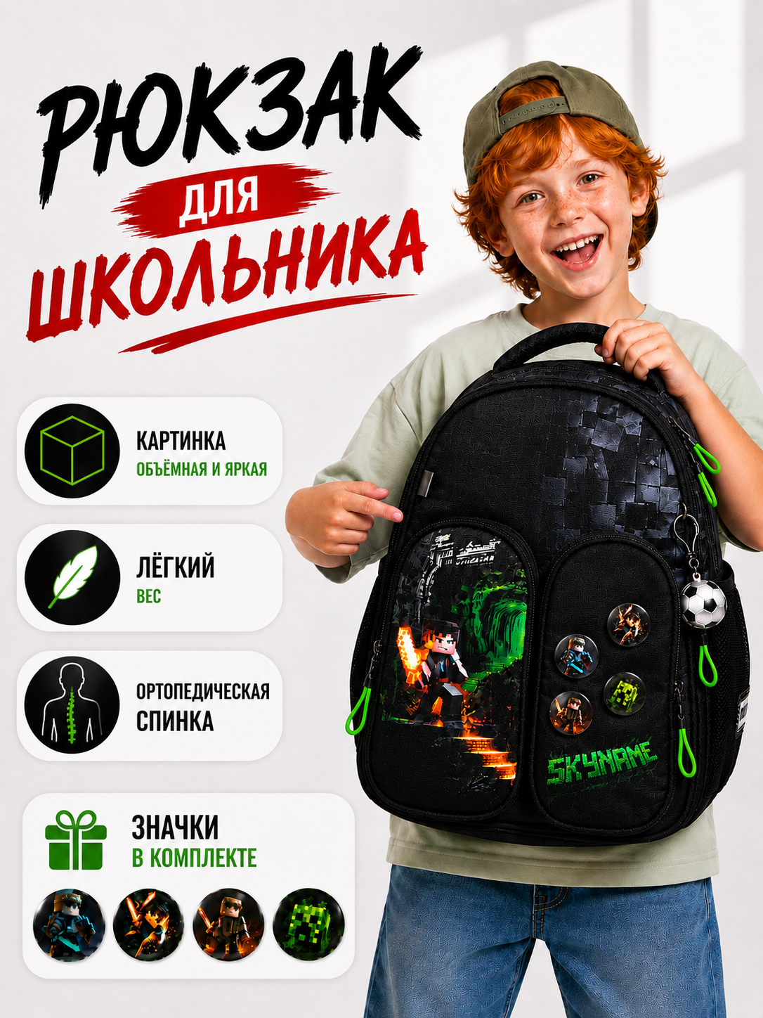 Рюкзак школьный для мальчика анатомическая спинка + подарок SkyName (Скайнейм)