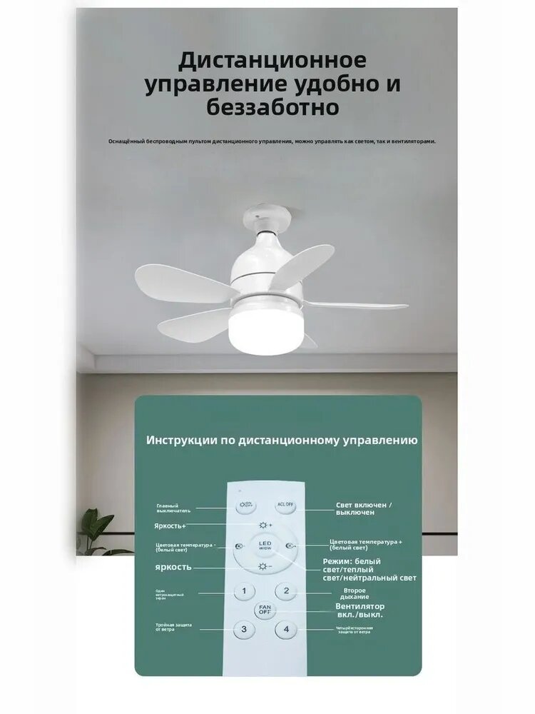 Люстра-вентилятор с регулировкой скорости на 4 режима, E27, 50 Вт, Диаметр 38 см, Пульт ДУ — фото 1