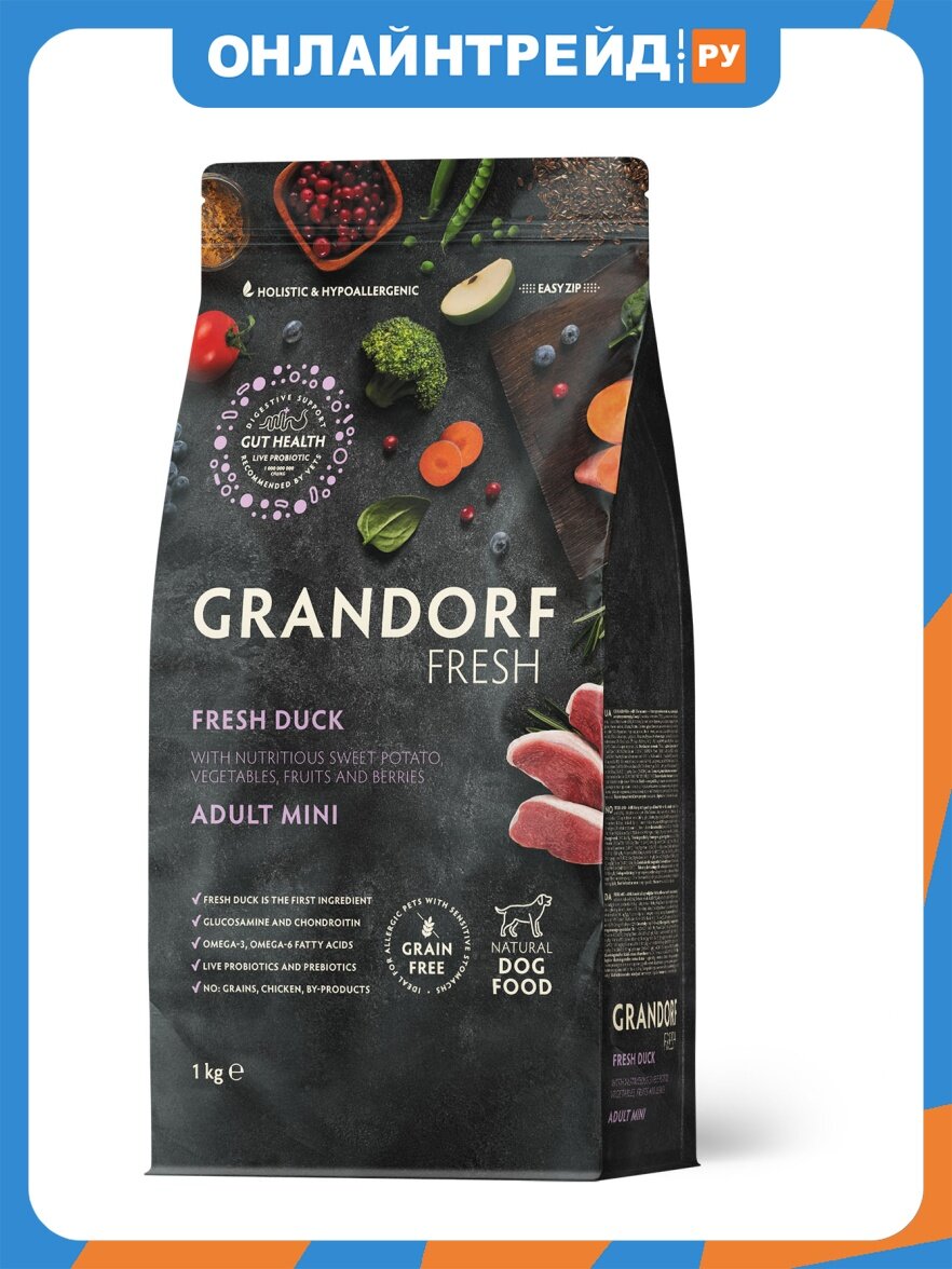 Корм сухой Grandorf Fresh , беззерновой с живыми пробиотиками, свежее мясо утки с бататом для собак мелких пород, 1 кг