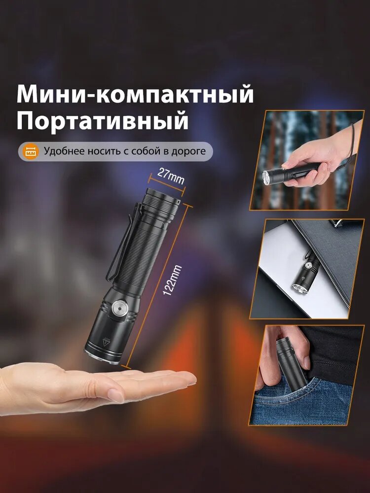 Boruit ET25 Фонарь-прожектор, черный, 1080 Лм, 5 Вт, 18650, IP67, 5 режимов — фото 1