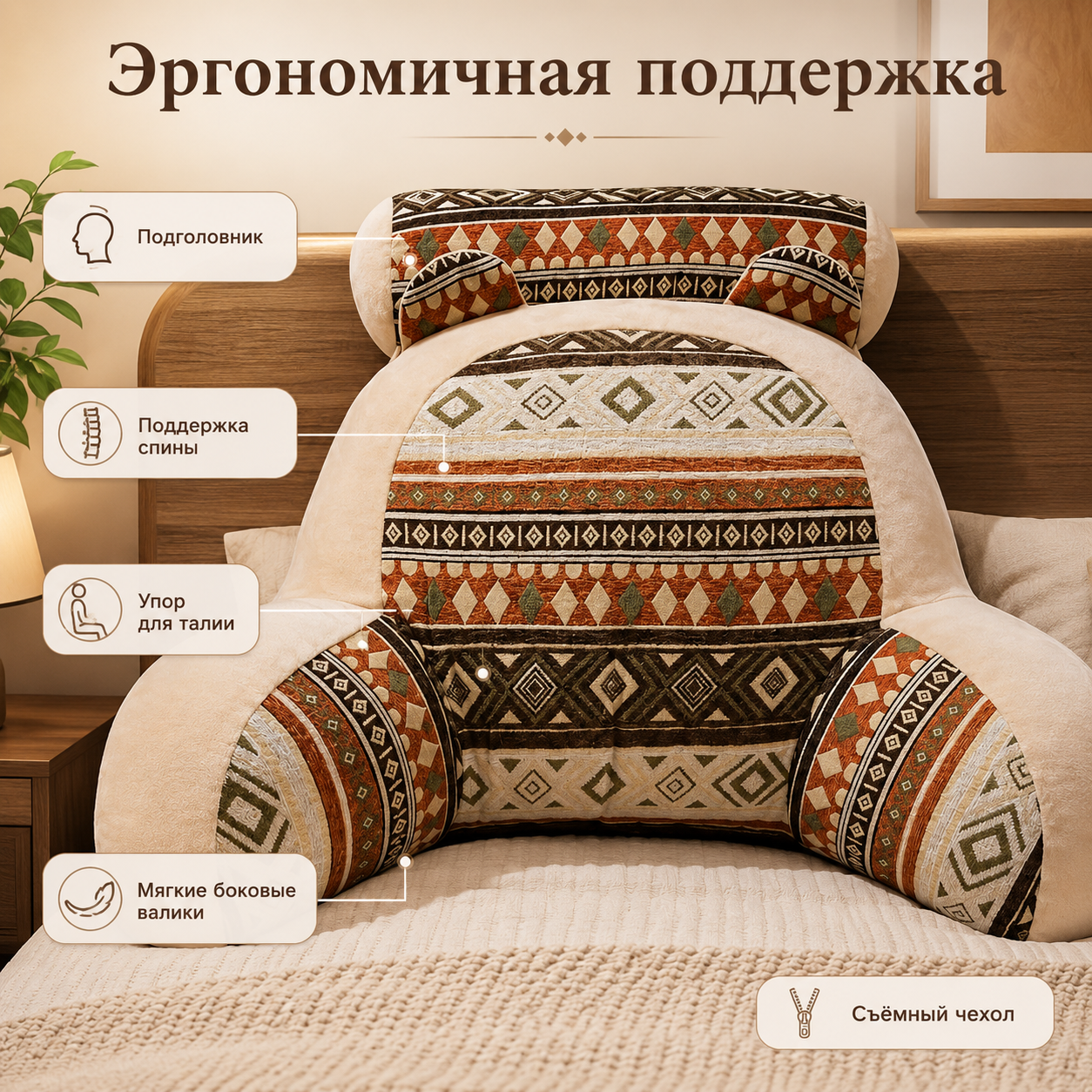 Мягкая спинка-изголовье для кровати, съёмный чехол, размеры 50x70см, с подголовником