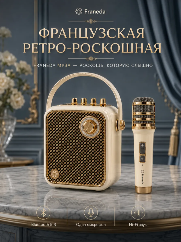 Портативная ретро колонка Franeda "FD-D200", с микрофоном, бежевая