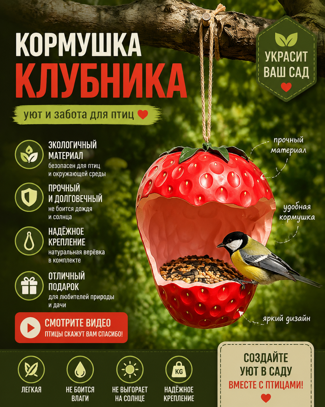 Кормушка для птиц в форме плода, водонепроницаемая, для сада и дачи