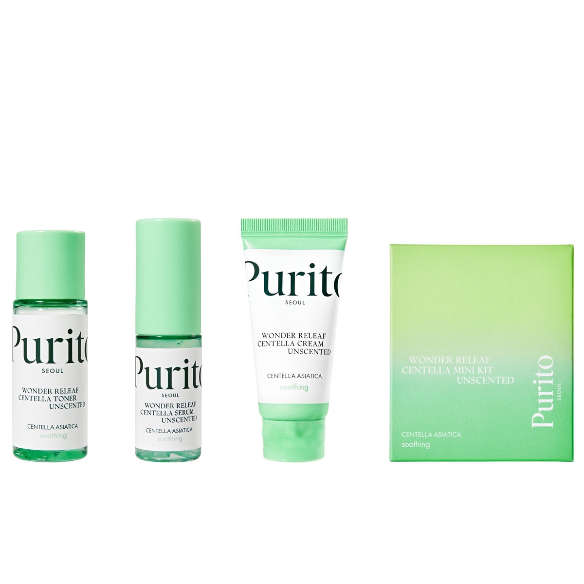 PURITO Набор для лица Wonder Releaf Centella Mini Kit Unscented (тонер 30мл + сыворотка 15мл + крем 12мл)
