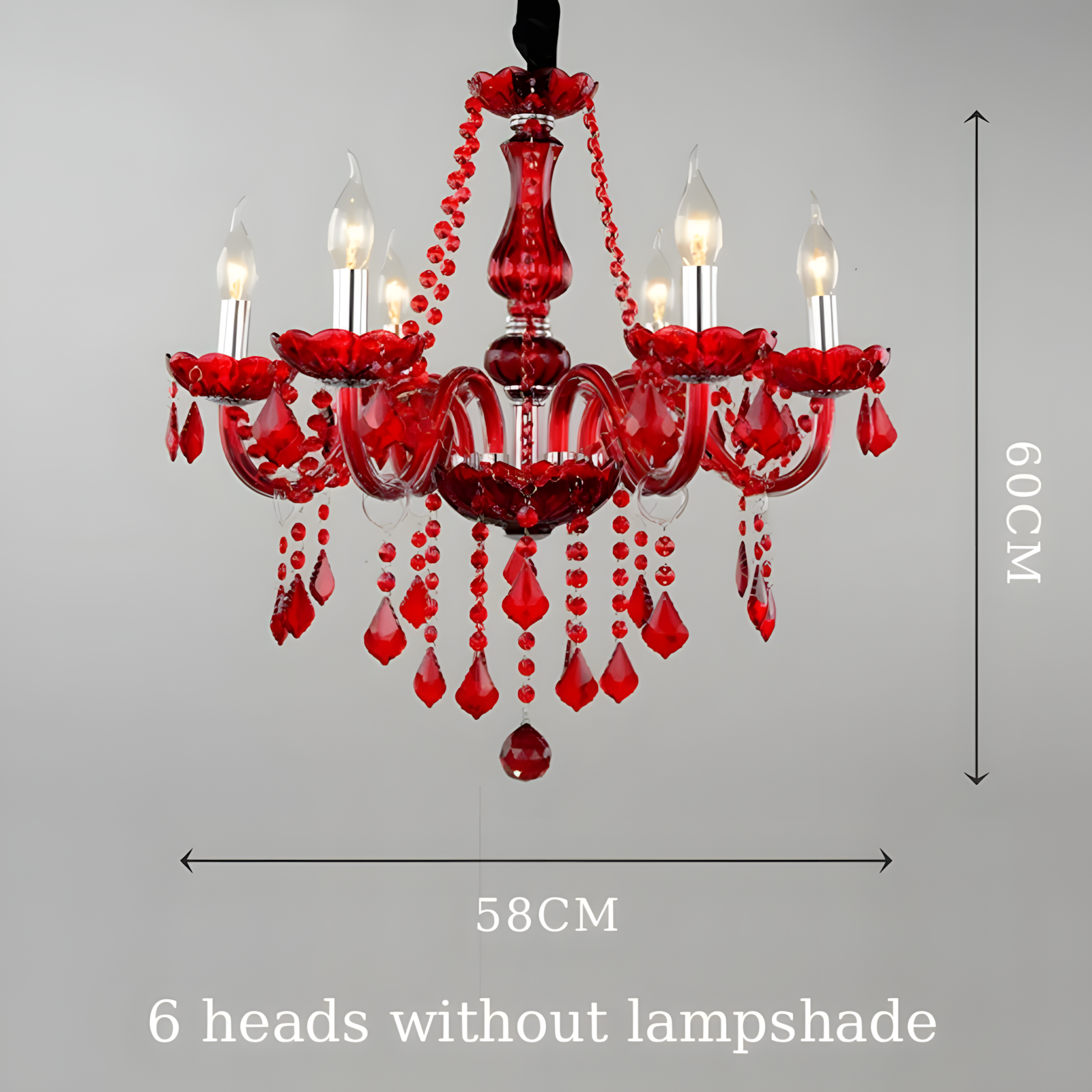 Красная хрустальная люстра Ynhaw E14, Dia58 X H60 CM, No Bulb Included, 6-head, E14 Socket, Red Without Shade