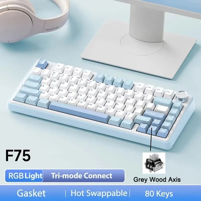 Механическая игровая клавиатура AULA F75 беспроводная RGB 75% Голубой, Sea Salt Blue GW