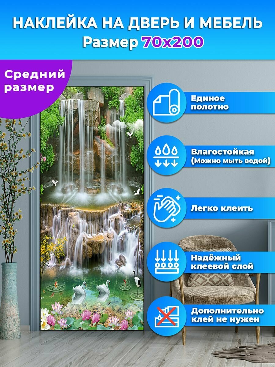 Наклейка интерьерная на дверь "Изумрудный водопад", самоклеющаяся 70х200 см.