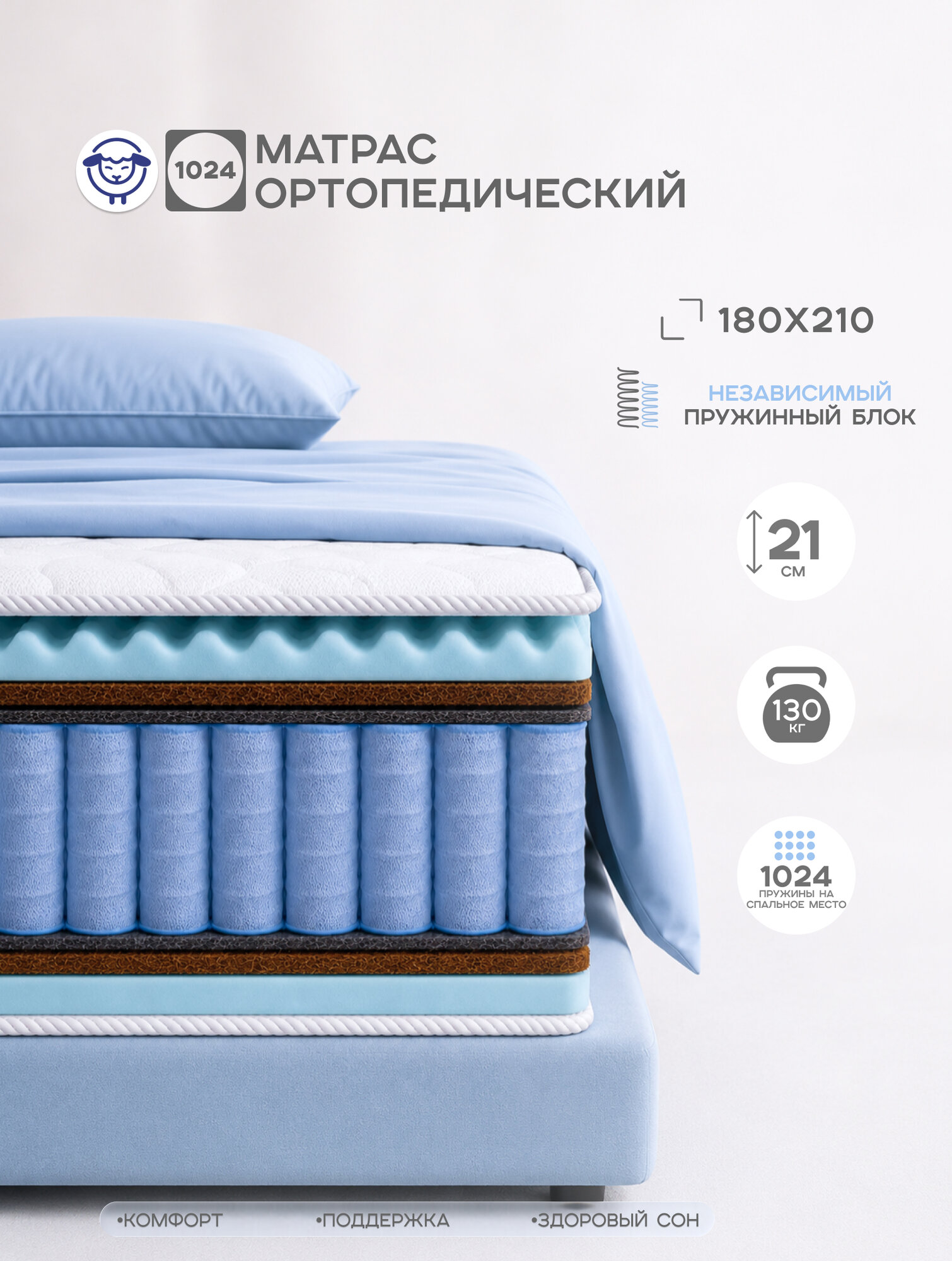 Ортопедический матрас с микромассажным эффектом средней жесткости, 180х210, "Премиум Идеал", Ортис
