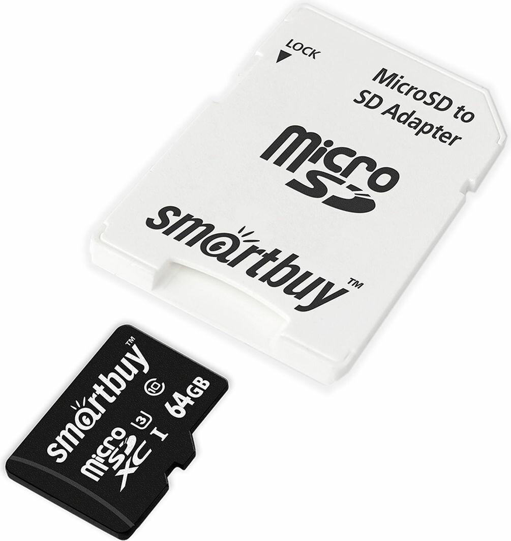 Карта памяти MicroSD 64Gb SMARTBUY Class 10 Pro UHS-I U3 (70/90 Mb/s) + SD адаптер (SB64GBSDCL10U3-01)